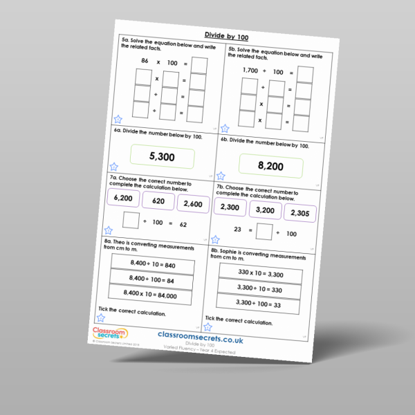 Year 4 Divide By 100 Varied Fluency Resource | Classroom Secrets