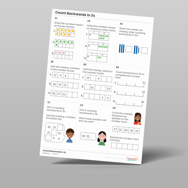 Year 2 Count Backwards In 3s Fluency Matrix Resource | Classroom Secrets