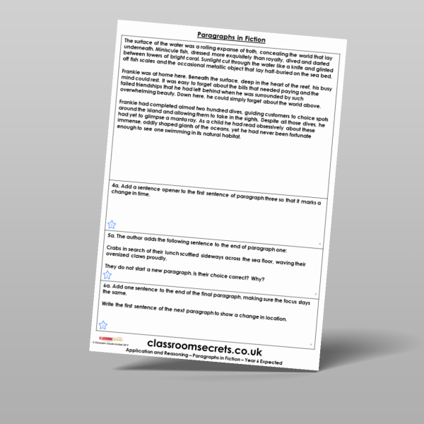 Year 6 Paragraphs In Fiction Application And Reasoning Resource ...