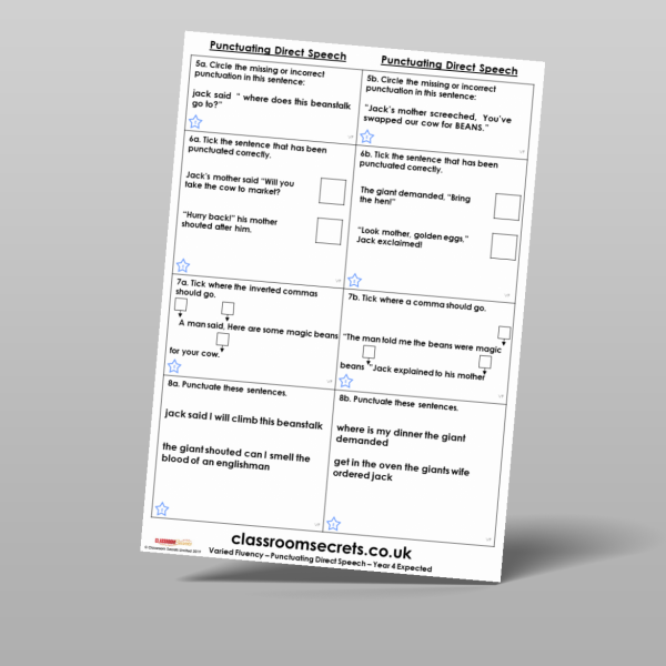 Year 4 Punctuating Direct Speech Varied Fluency Resource | Classroom ...