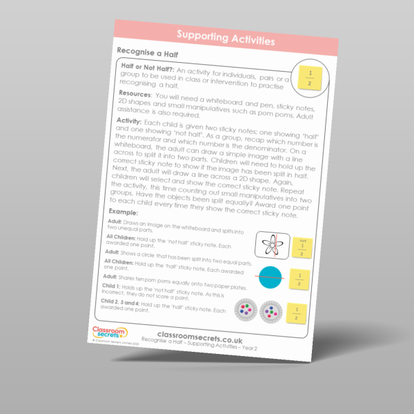 Year 2 Recognise A Half Supporting Activity Resource | Classroom Secrets
