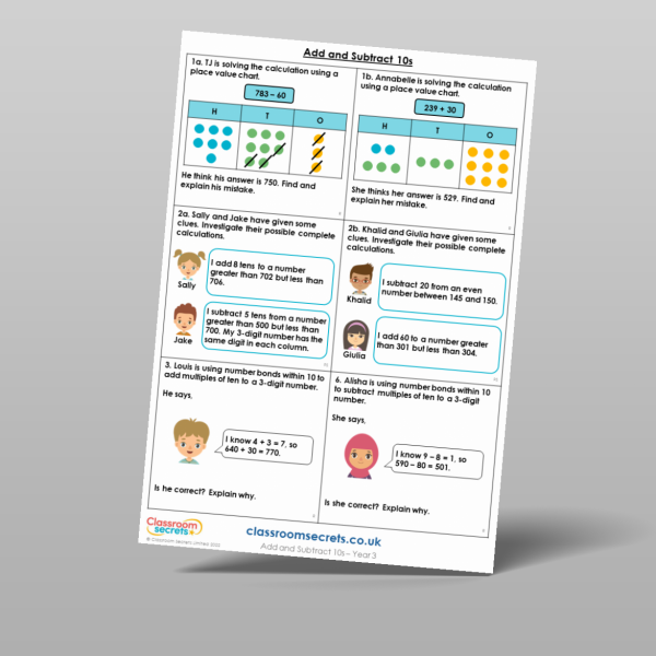 Year 3 Add And Subtract 10s Reasoning And Problem Solving Resource Classroom Secrets