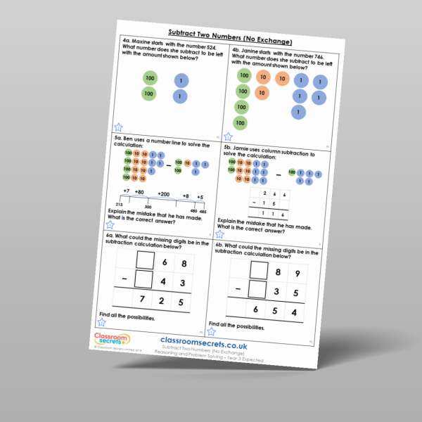 Year 3 Subtract Two Numbers No Exchange Reasoning And Problem Solving Resource | Classroom Secrets