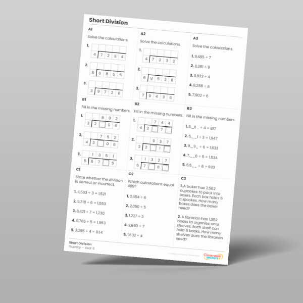 Year 6 Short Division Fluency Matrix Resource | Classroom Secrets