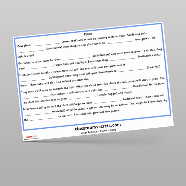 Year 2 And 3 Plants Cloze Activity Resource | Classroom Secrets