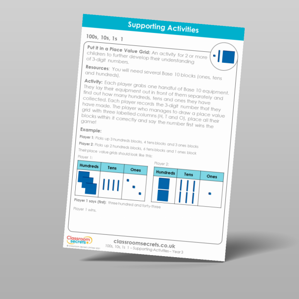 Year 3 100s 10s 1s 1 Supporting Activity Resource | Classroom Secrets