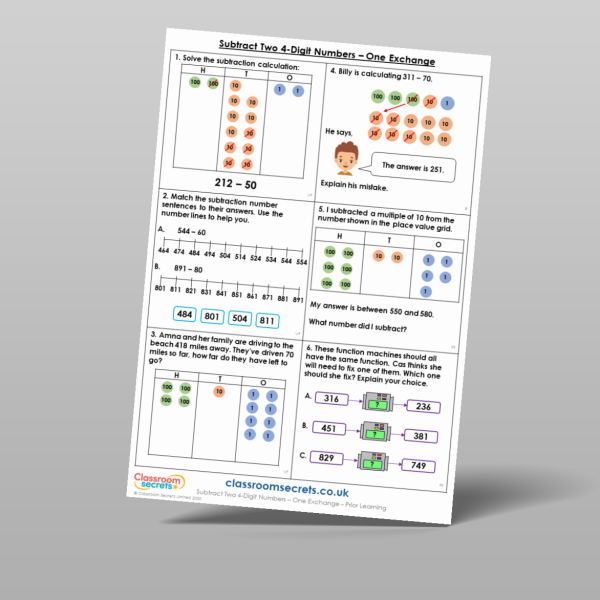 Year 4 Subtract Two 4 Digit Numbers One Exchange Prior Learning ...