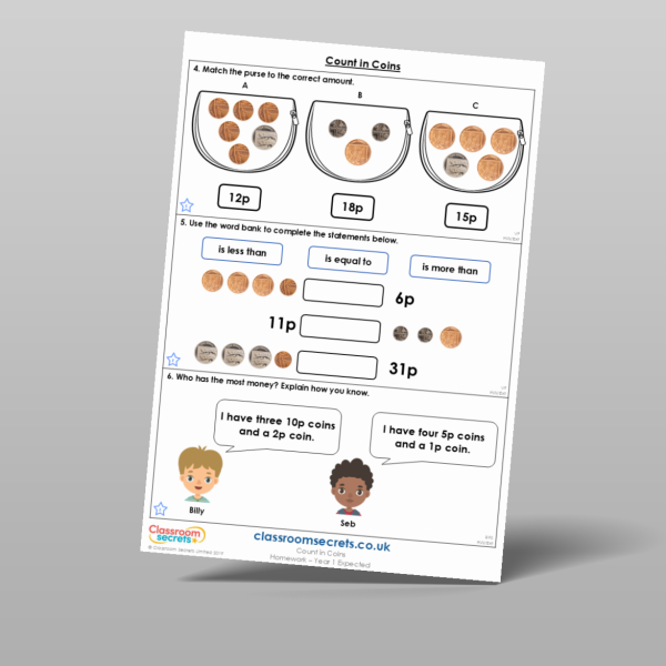 Year 1 Count In Coins Homework Resource | Classroom Secrets