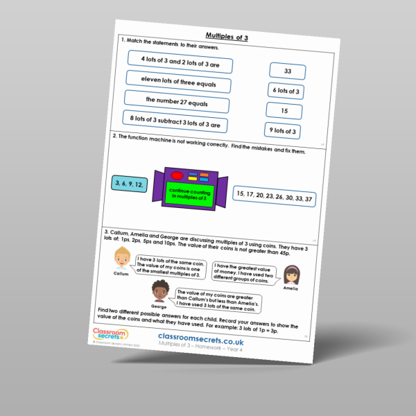 Year 4 Multiples Of 3 Homework Resource | Classroom Secrets