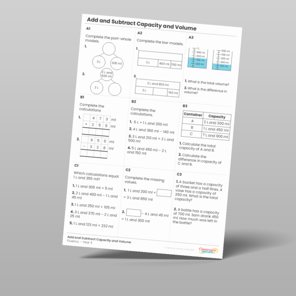 Year 3 Add And Subtract Capacity And Volume Fluency Matrix Resource | Classroom Secrets