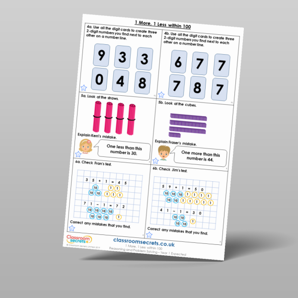 Year 1 1 More 1 Less Within 100 Reasoning And Problem Solving Resource ...