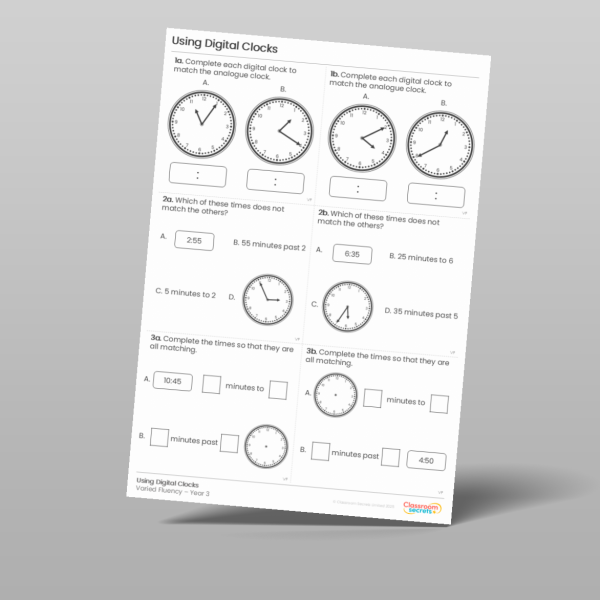 Year 3 Using Digital Clocks Varied Fluency Resource | Classroom Secrets
