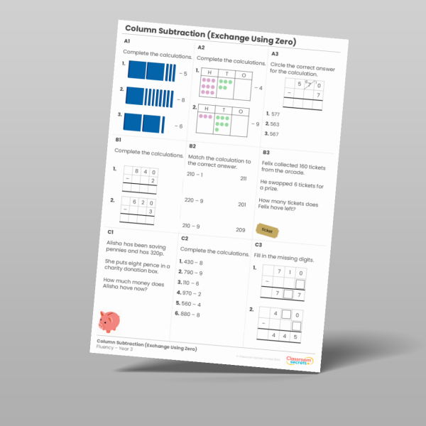 Year 3 Column Subtraction Exchange Using Zero Fluency Matrix Resource ...