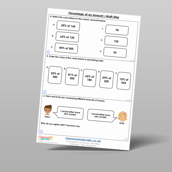 Year 6 Percentage Of An Amount Multi Step Homework Resource | Classroom ...