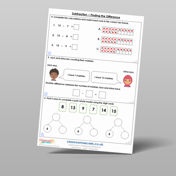 Year 1 Subtraction Finding The Difference Homework Resource | Classroom Secrets