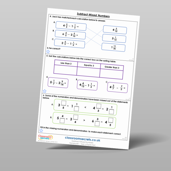 Year 6 Subtract Mixed Numbers Homework Resource | Classroom Secrets