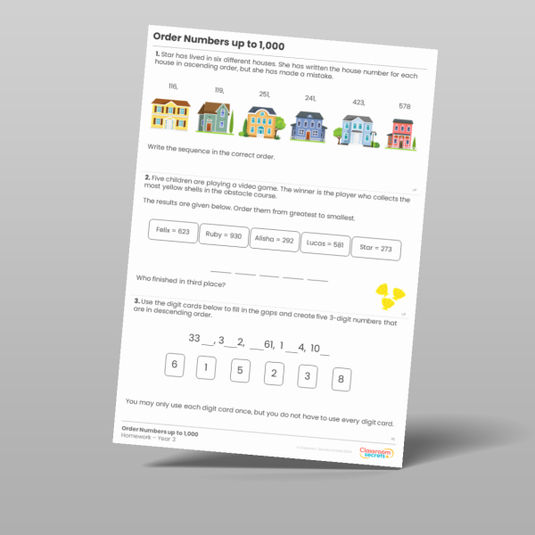 Year 3 Order Numbers Up To 1 000 Homework Resource | Classroom Secrets