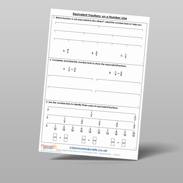 Year 3 Equivalent Fractions On A Number Line Homework Resource Classroom Secrets