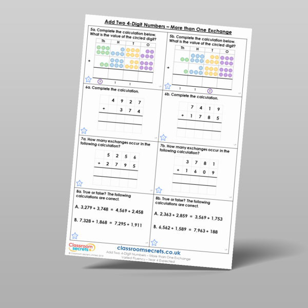 Year 4 Add Two 4 Digit Numbers More Than One Exchange Varied Fluency ...