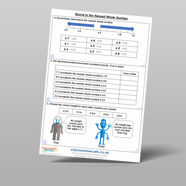 Year 4 Round To The Nearest Whole Number Homework Resource | Classroom ...