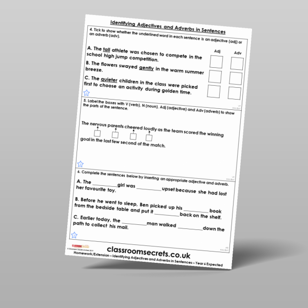 Year 6 Identifying Adjectives And Adverbs In Sentences Homework ...