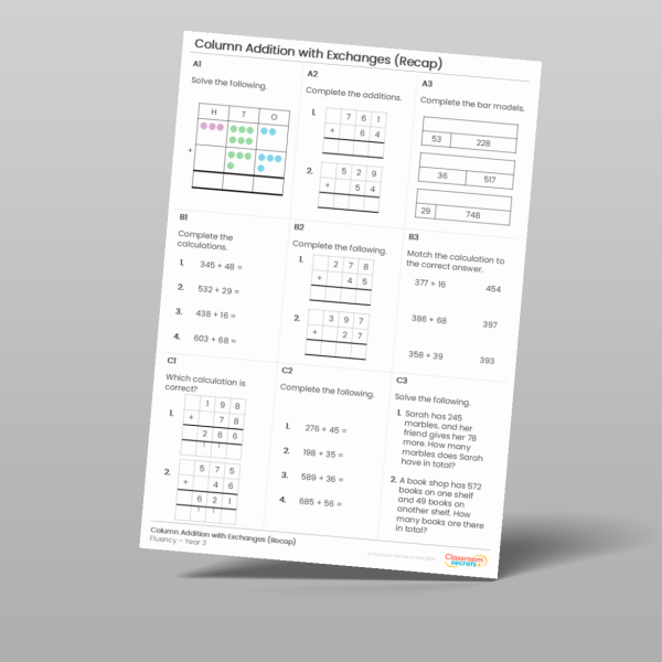 Year 3 Column Addition With Exchanges Recap Fluency Matrix Resource ...