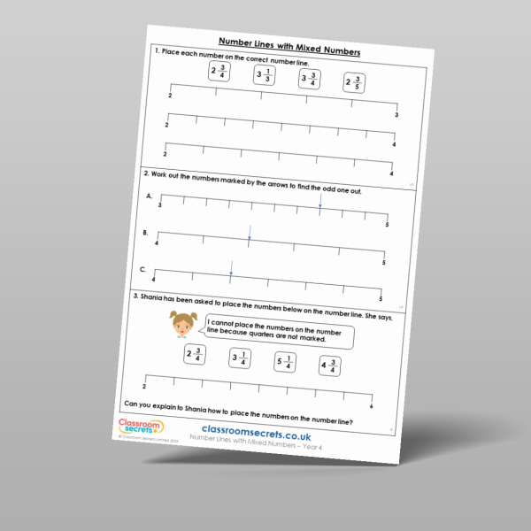 Year 4 Number Lines With Mixed Numbers Homework Resource | Classroom ...
