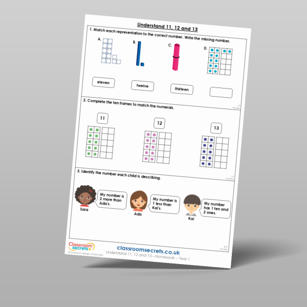 Year 1 Understand 11 12 And 13 Homework Resource | Classroom Secrets