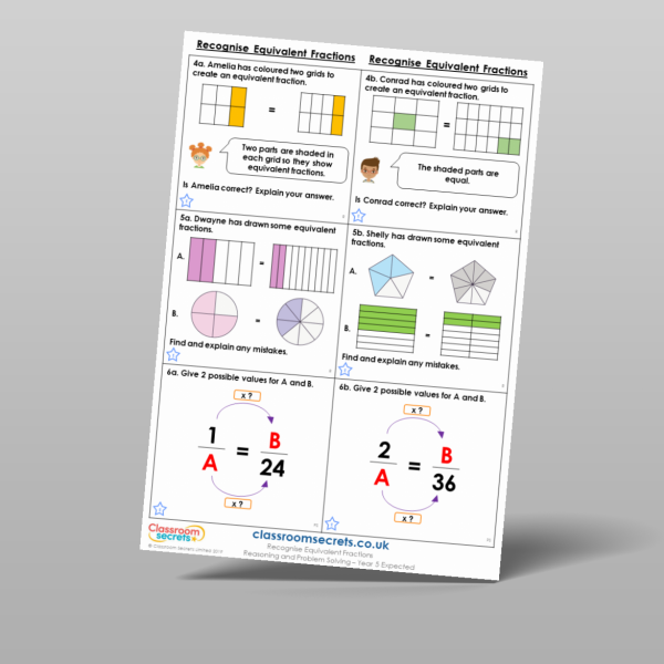 Year 5 Recognise Equivalent Fractions Reasoning And Problem Solving Resource Classroom Secrets