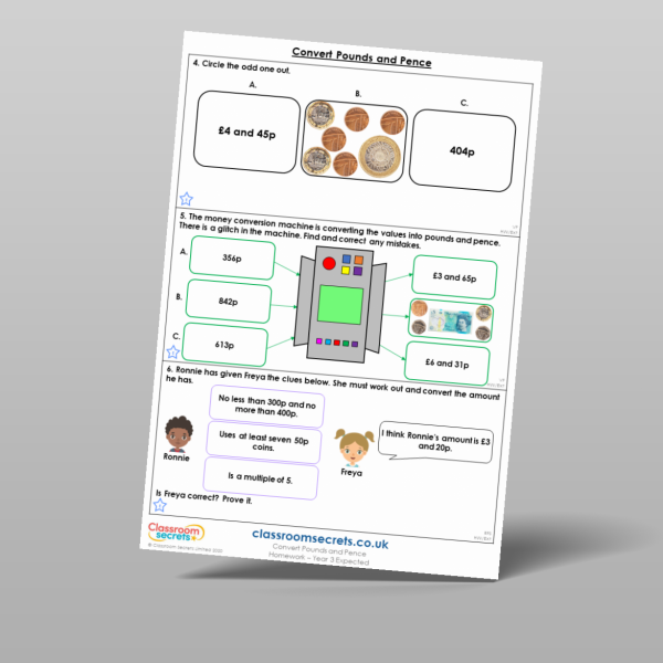 Year 3 Convert Pounds And Pence Homework Resource | Classroom Secrets
