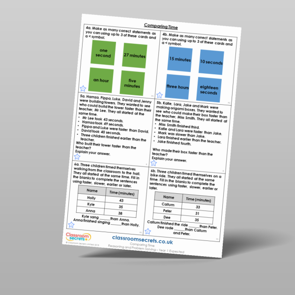 Year 1 Comparing Time Reasoning And Problem Solving Resource Classroom Secrets
