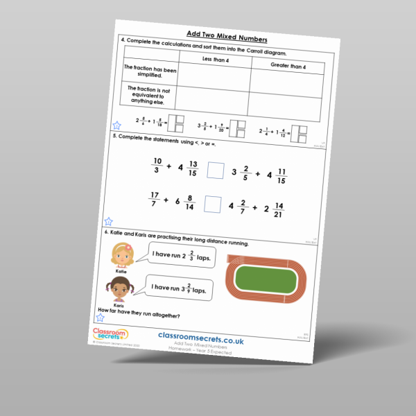 Year 5 Add Two Mixed Numbers Homework Resource | Classroom Secrets