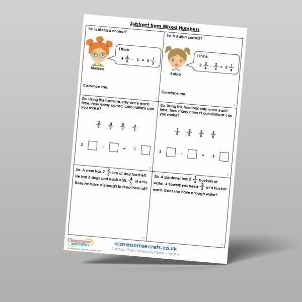 Year 4 Subtract From Mixed Numbers Reasoning And Problem Solving Resource Classroom Secrets