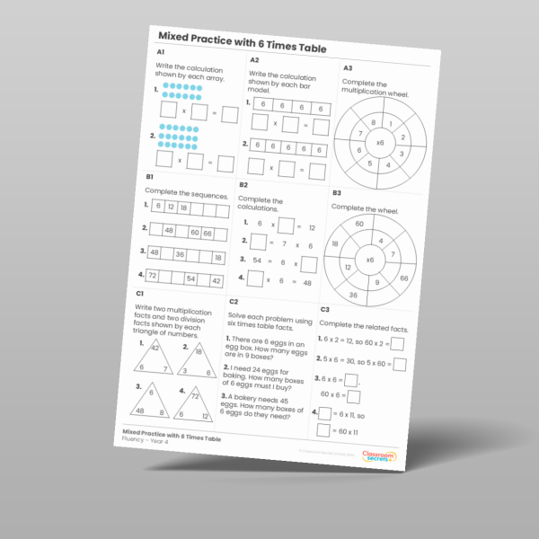 Year 4 Mixed Practice With 6 Times Tables Fluency Matrix Resource ...