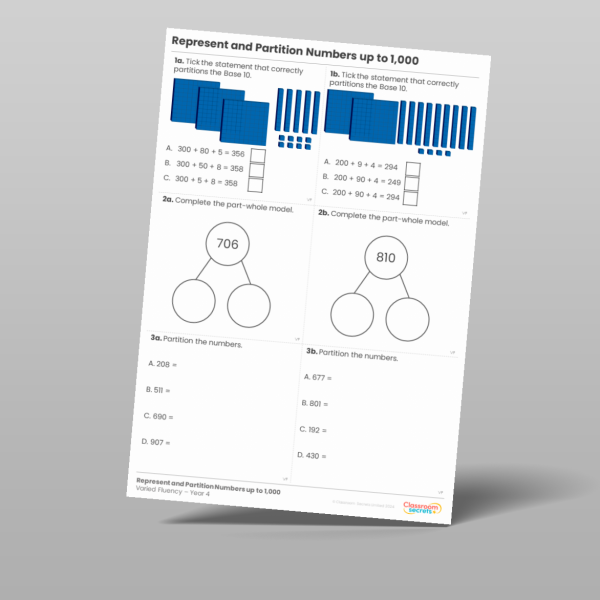 Year 4 Represent And Partition Numbers Up To 1 000 Varied Fluency 2 Resource Classroom Secrets