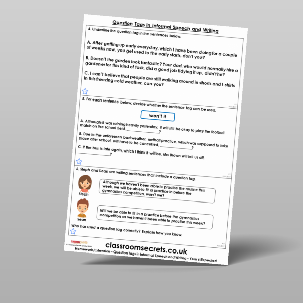 Year 6 Question Tags In Informal Speech Homework Resource | Classroom ...