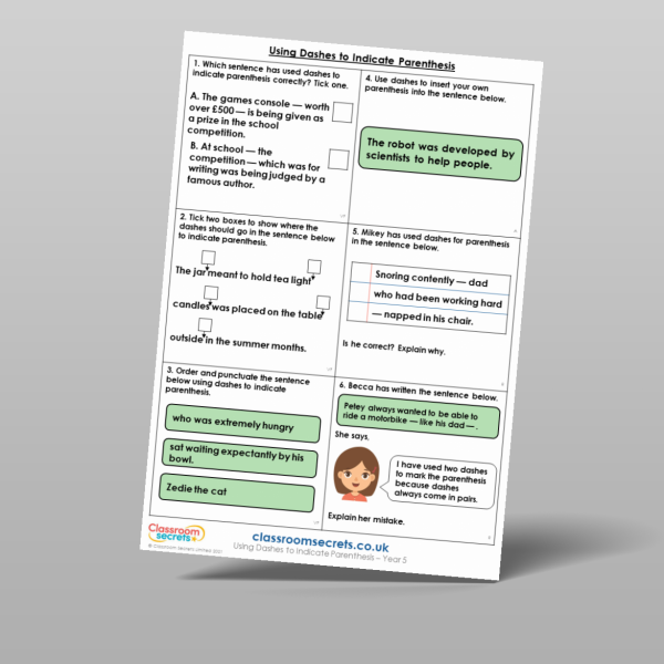 Year 5 Using Dashes To Indicate Parenthesis Mixed Activity Resource ...