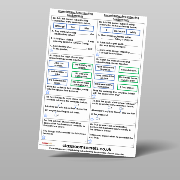 Year 4 Consolidating Subordinating Conjunctions Varied Fluency Resource Classroom Secrets