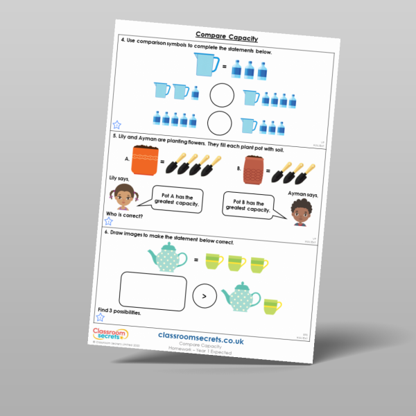 Year 1 Compare Capacity Homework Resource | Classroom Secrets Year 1 Compare Capacity Homework Resource | Classroom Secrets