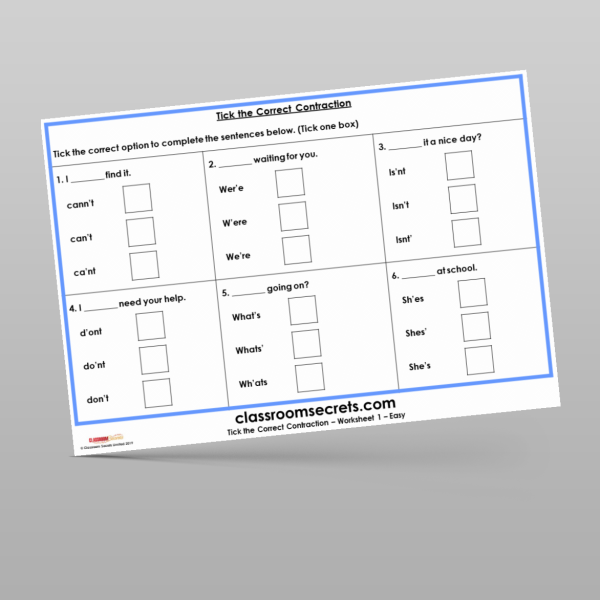 KS1 Tick The Correct Contraction Test Practice Resource | Classroom Secrets