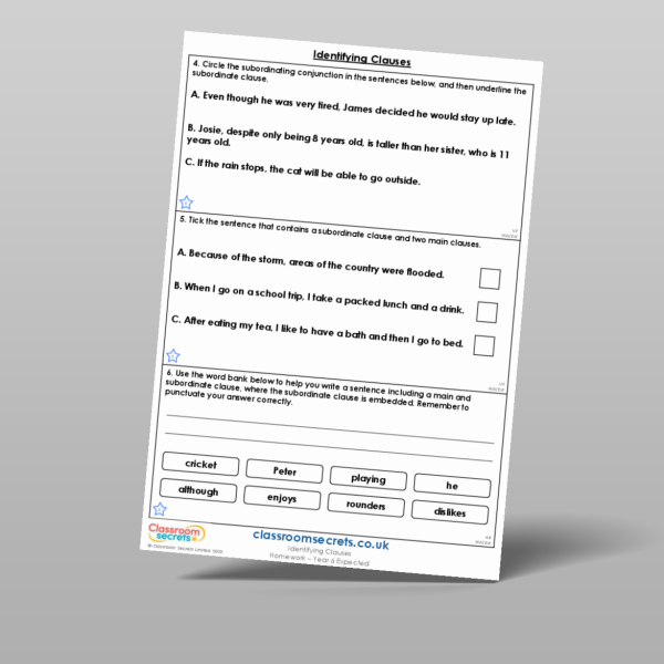 Year 6 Identifying Clauses Homework Resource | Classroom Secrets