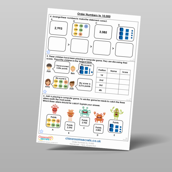 Year 4 Order Numbers To 10 000 Homework Resource | Classroom Secrets