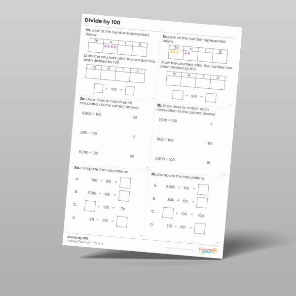 Year 4 Divide By 100 Varied Fluency 2 Resource | Classroom Secrets