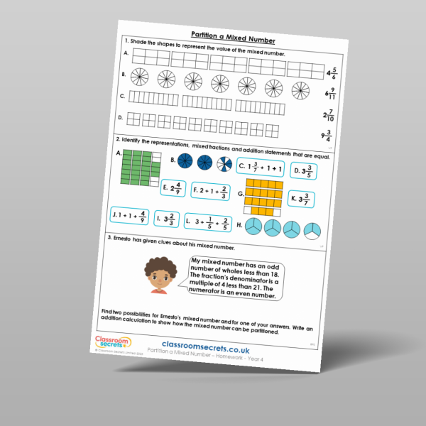 Year 4 Partition A Mixed Number Homework Resource | Classroom Secrets