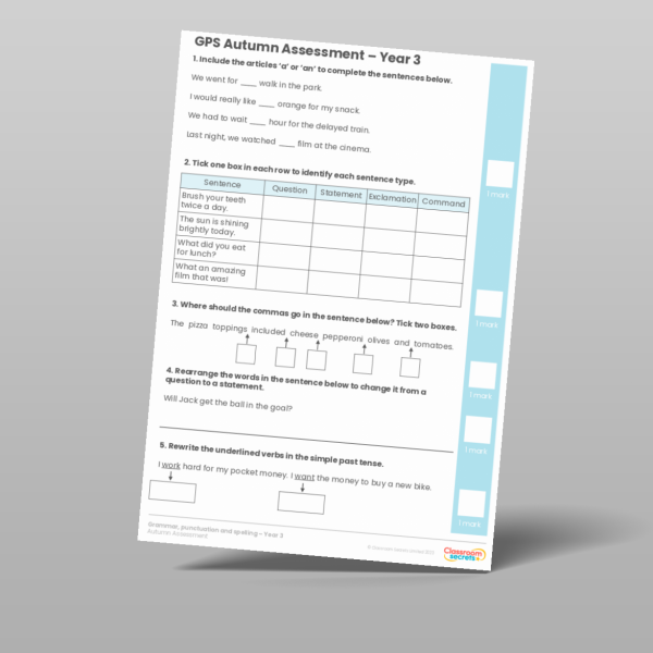 Year 3 Autumn Term Gps Assessment Resource | Classroom Secrets