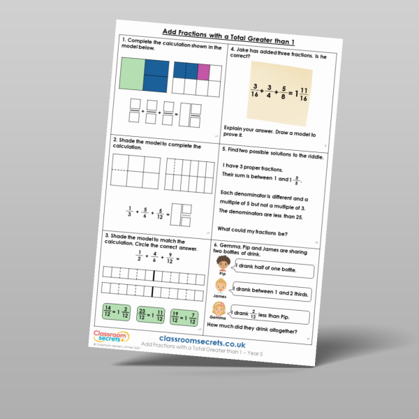 Year 5 Add Fractions With A Total Greater Than 1 Mixed Activity Resource | Classroom Secrets