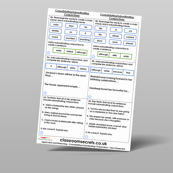 Year 4 Consolidating Subordinating Conjunctions Application And ...