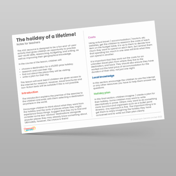 KS2 Dream Holiday Plan Resource | Classroom Secrets