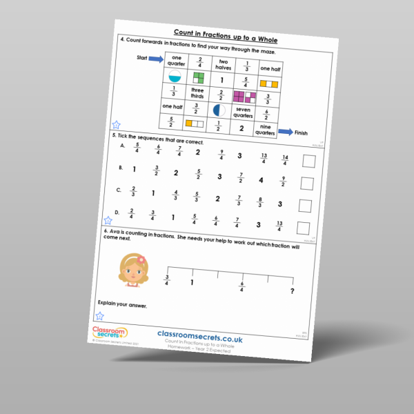 Year 2 Count In Fractions Up To A Whole Homework Resource | Classroom ...