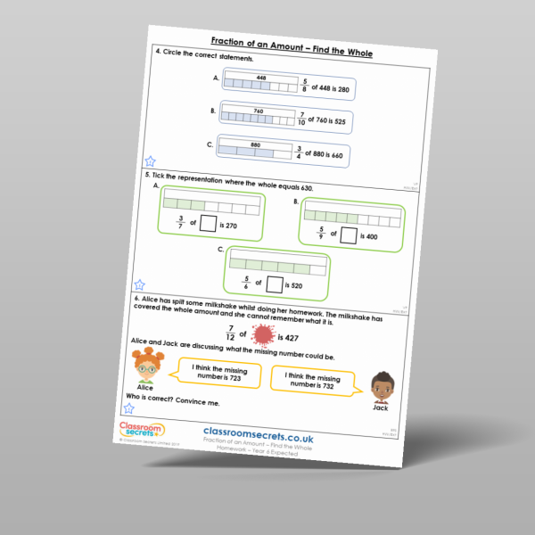 Year 6 Fraction Of An Amount Find The Whole Homework Resource ...